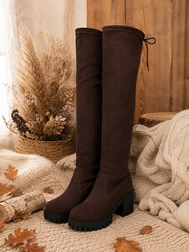 Women's Brown Stretch Over The Knee Boots, Tie Back Drawstring Lug ...
