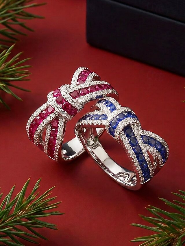 Women's Crystal Bow Ring, Alloy Rhinestone Ribbon Knot Ring with Red ...