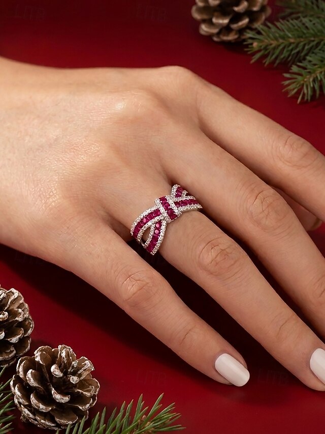 Women's Crystal Bow Ring, Alloy Rhinestone Ribbon Knot Ring with Red ...