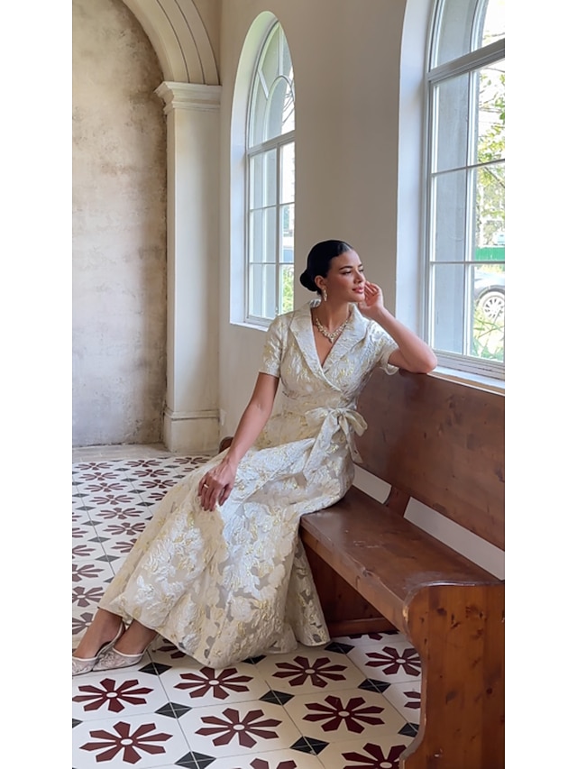 Women's A-Line Floor Length Lapel Short Sleeve Elegant Vintage Formal ...